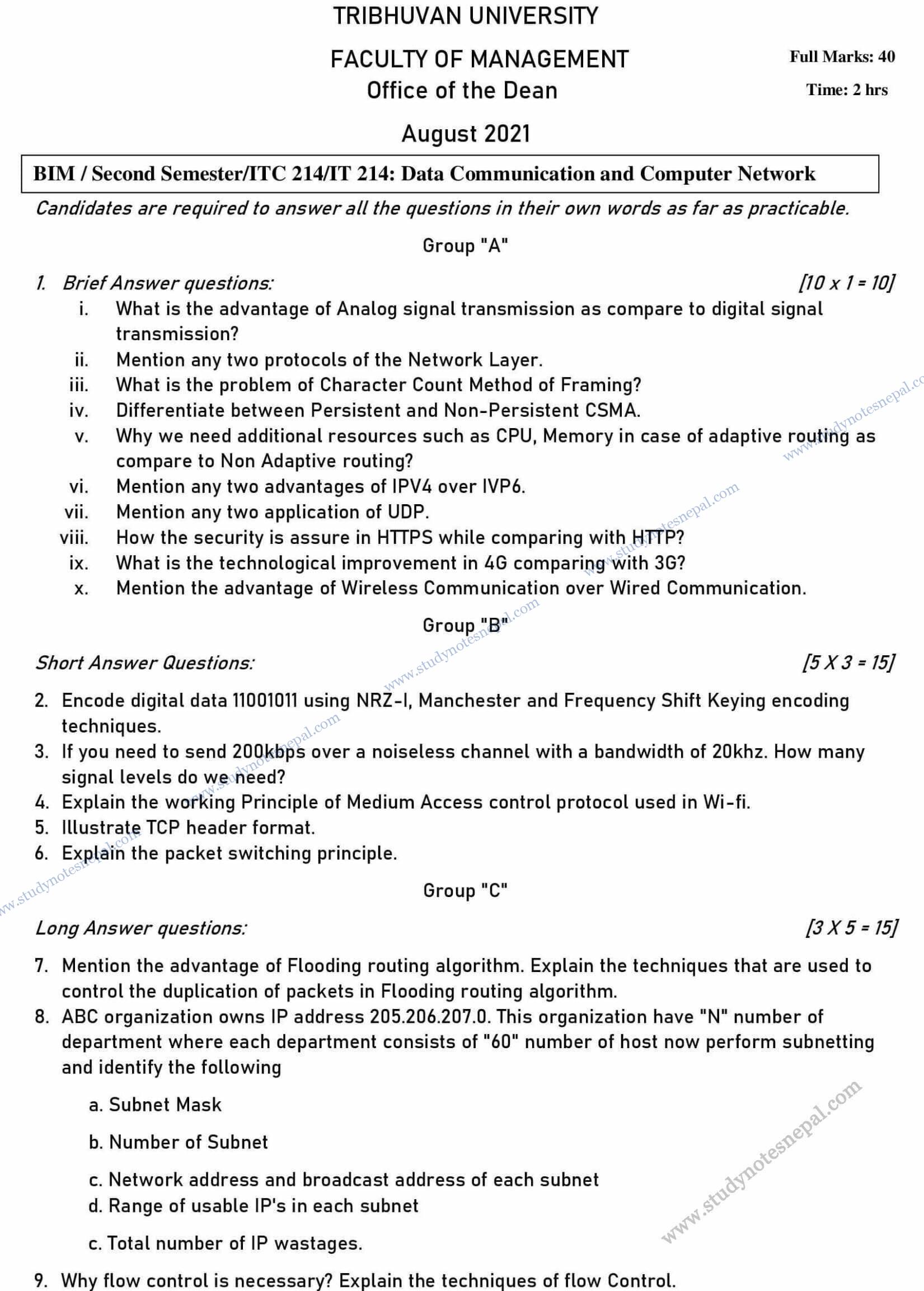 IT 214: Data Communication and Computer Network – STUDY NOTES NEPAL