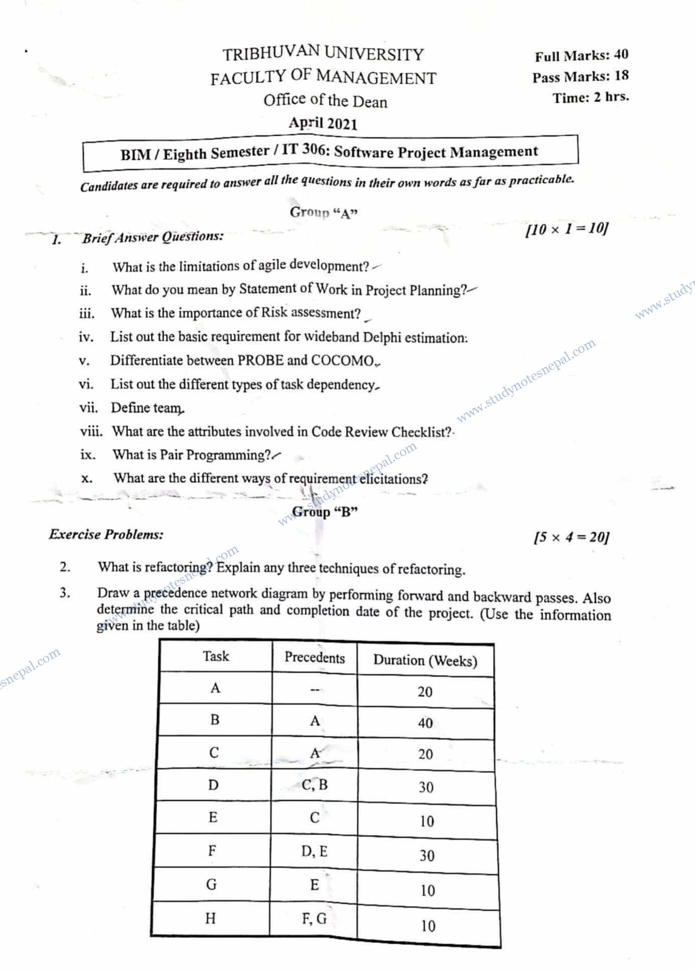 Software Project Management - Questions Bank - STUDY NOTES NEPAL