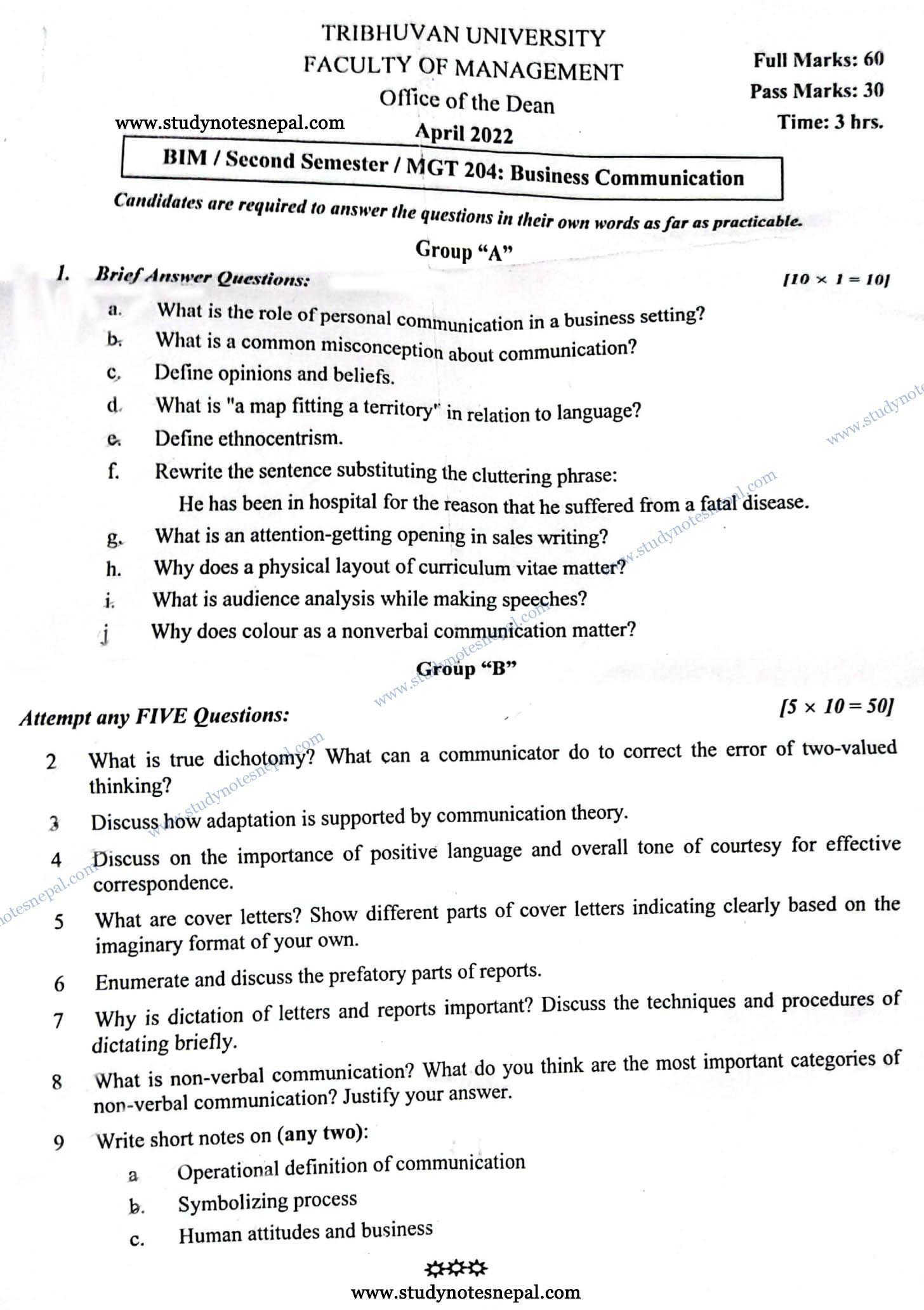 MGT 204: Business Communication – STUDY NOTES NEPAL