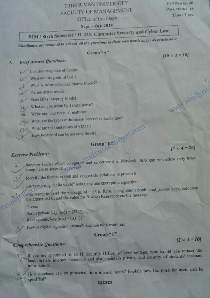 IT 225: Computer Security and Cyber Law | BIM | Question Bank – STUDY ...