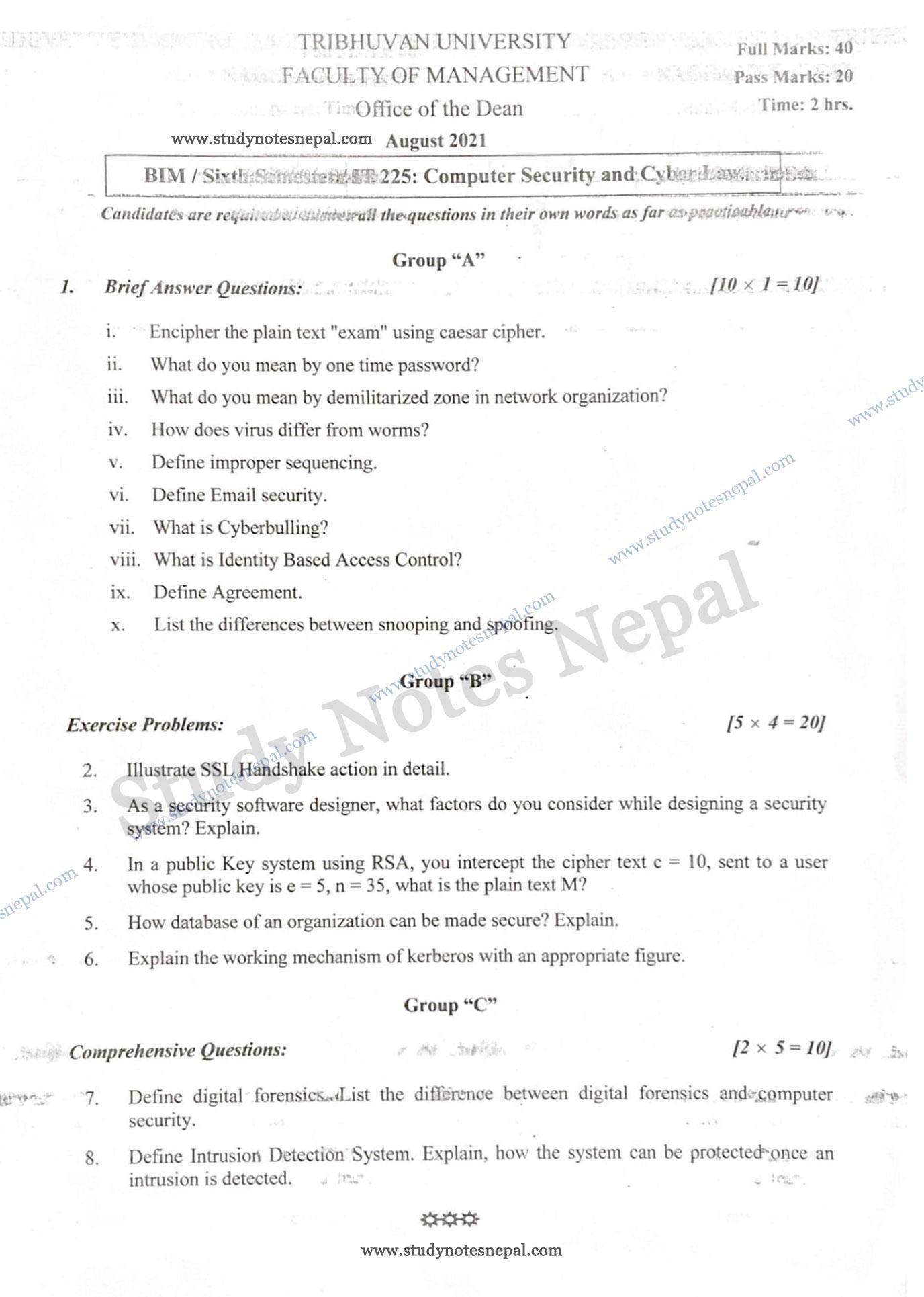 IT 225: Computer Security and Cyber Law | BIM | Question Bank – STUDY ...