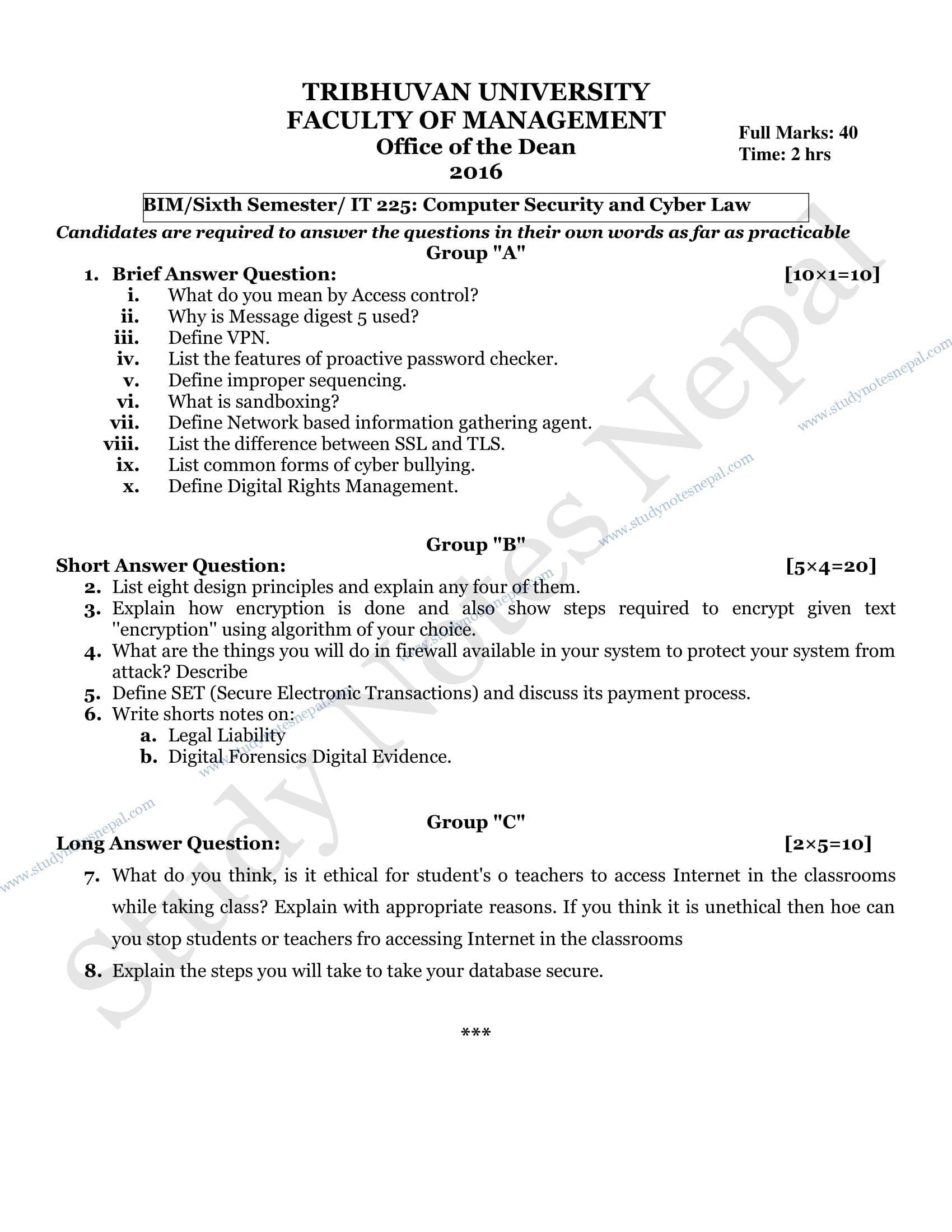 IT 225: Computer Security and Cyber Law | BIM | Question Bank – STUDY ...