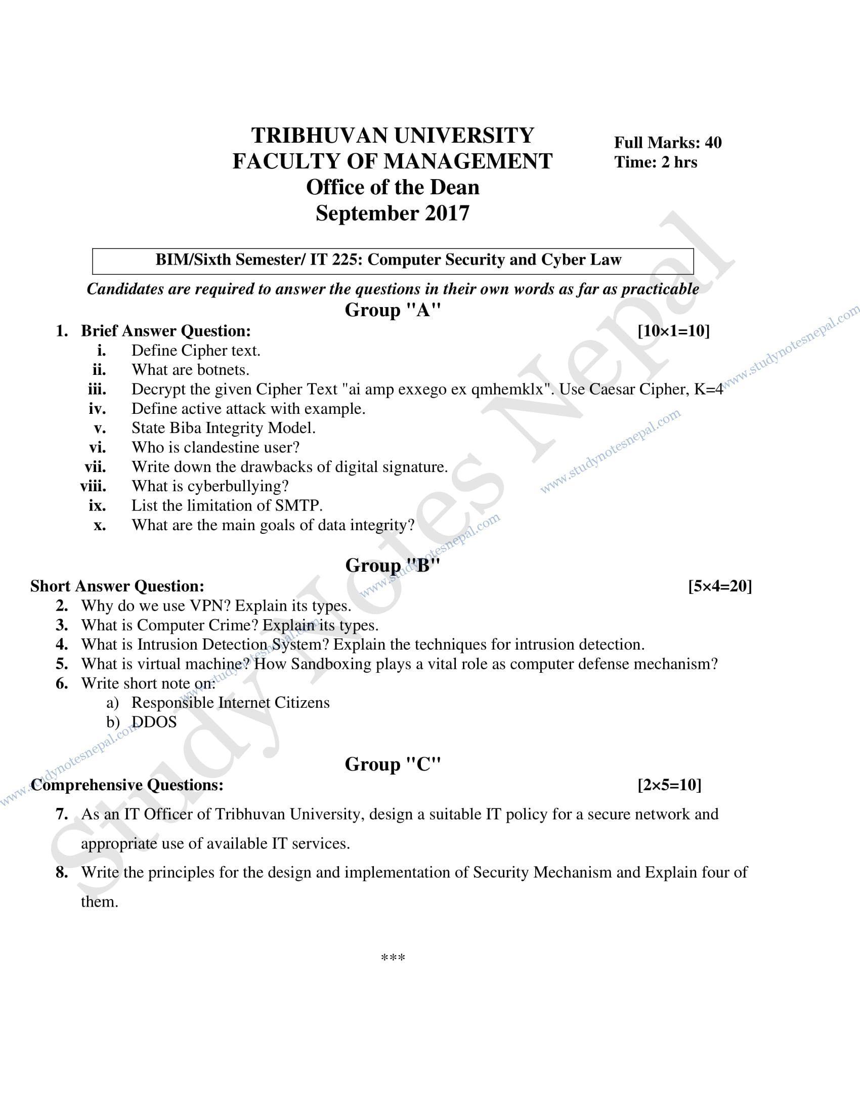 IT 225: Computer Security and Cyber Law | BIM | Question Bank – STUDY ...