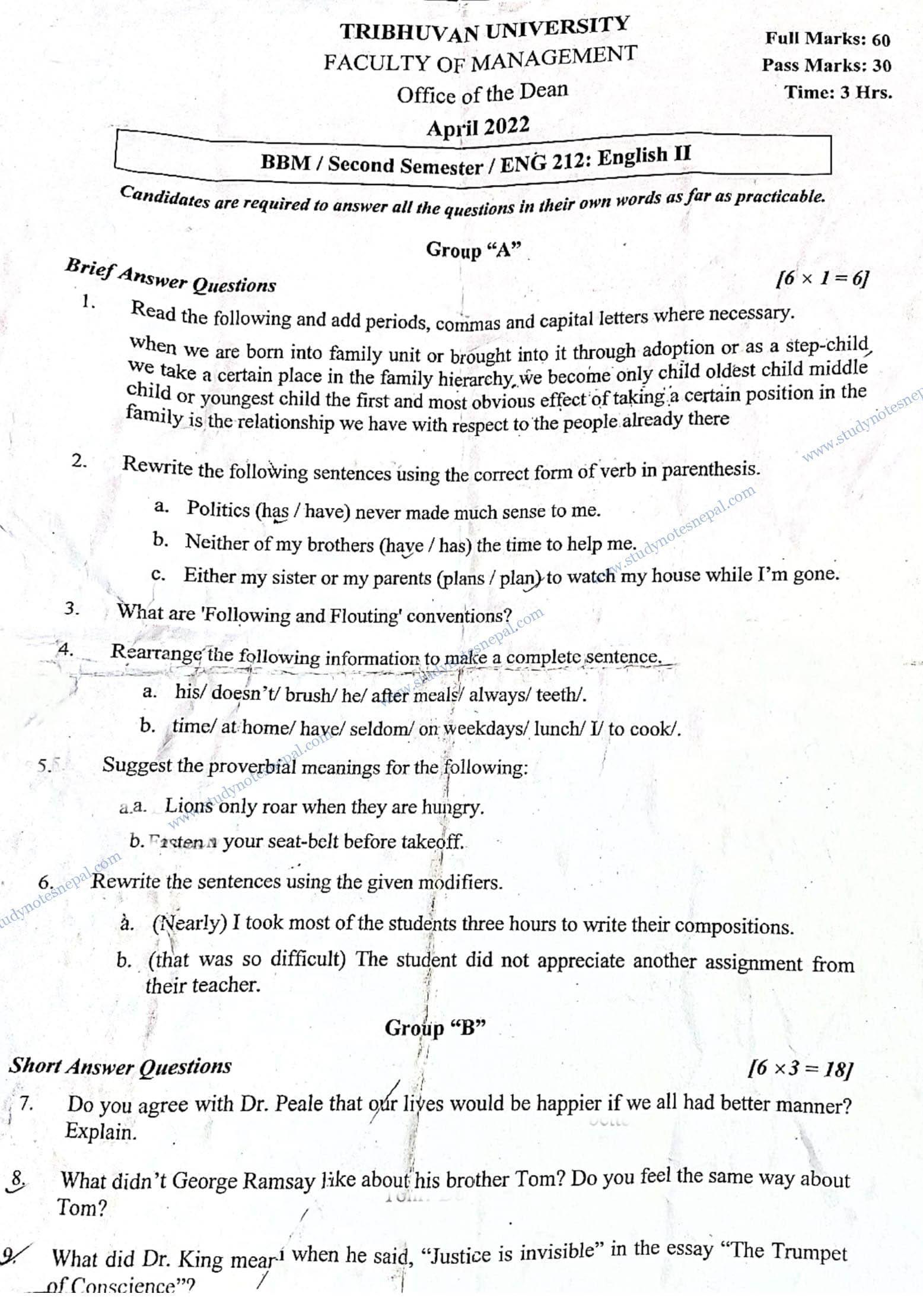 English – II | BBM | Question Bank – STUDY NOTES NEPAL