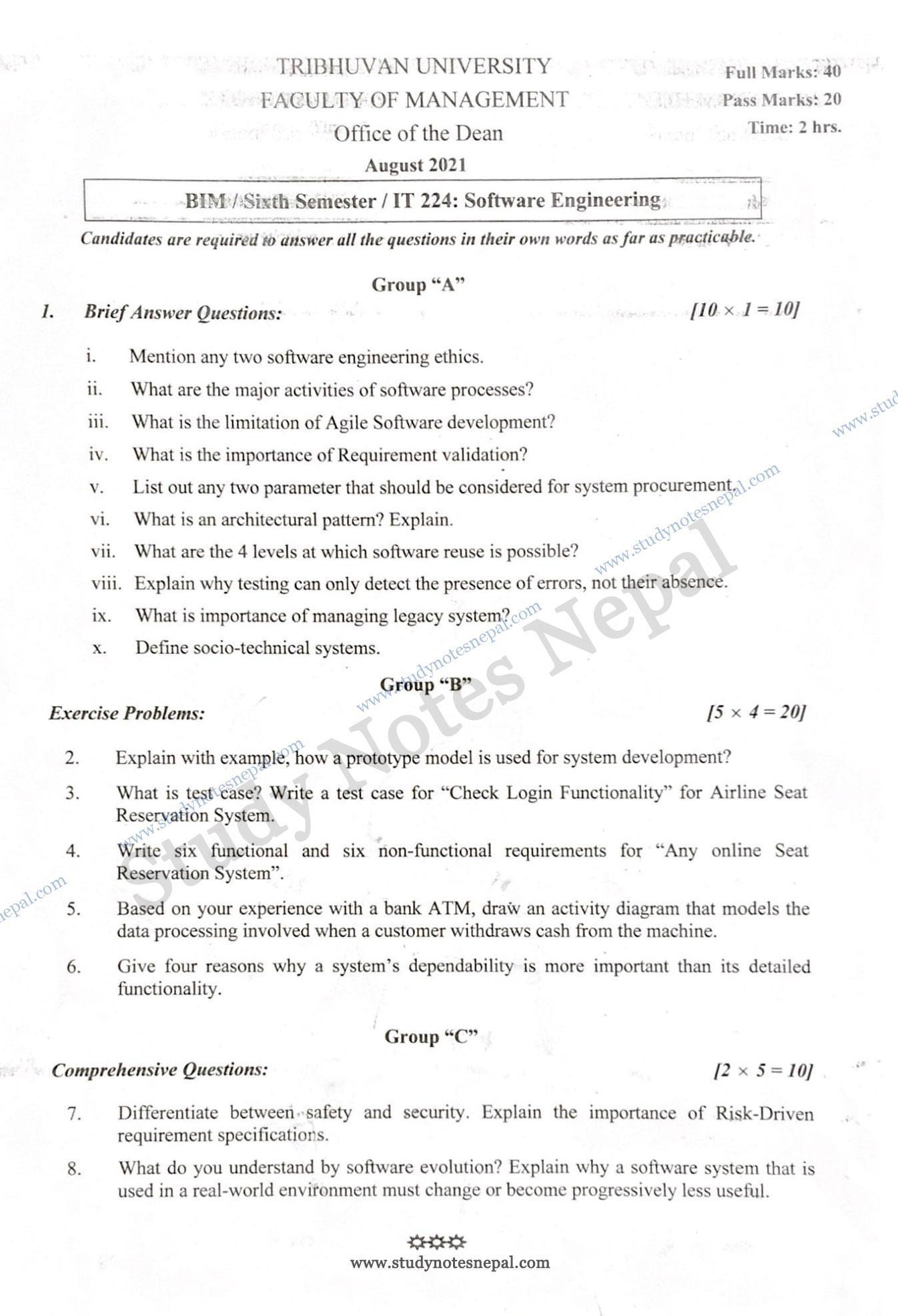 Software Engineering | BIM | Question Bank