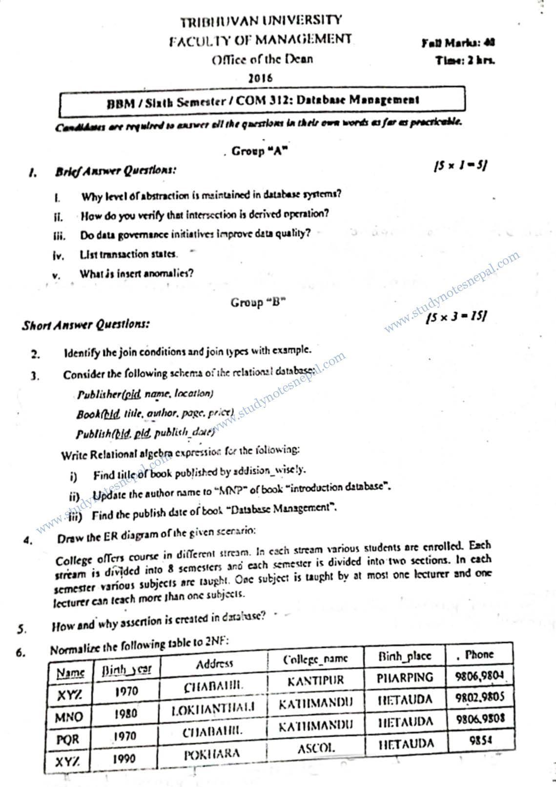 Database Management | Question Bank | BBM 6th Semester - STUDY NOTES NEPAL