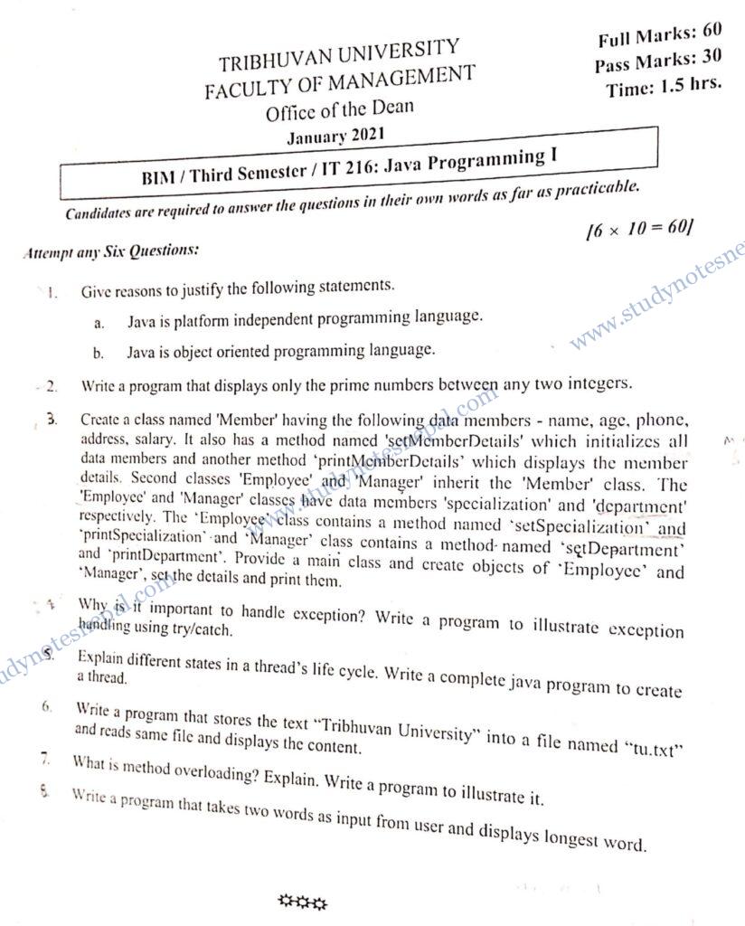 JAVA Programming – I | BIM 3rd Semester | Question Bank » STUDY NOTES NEPAL