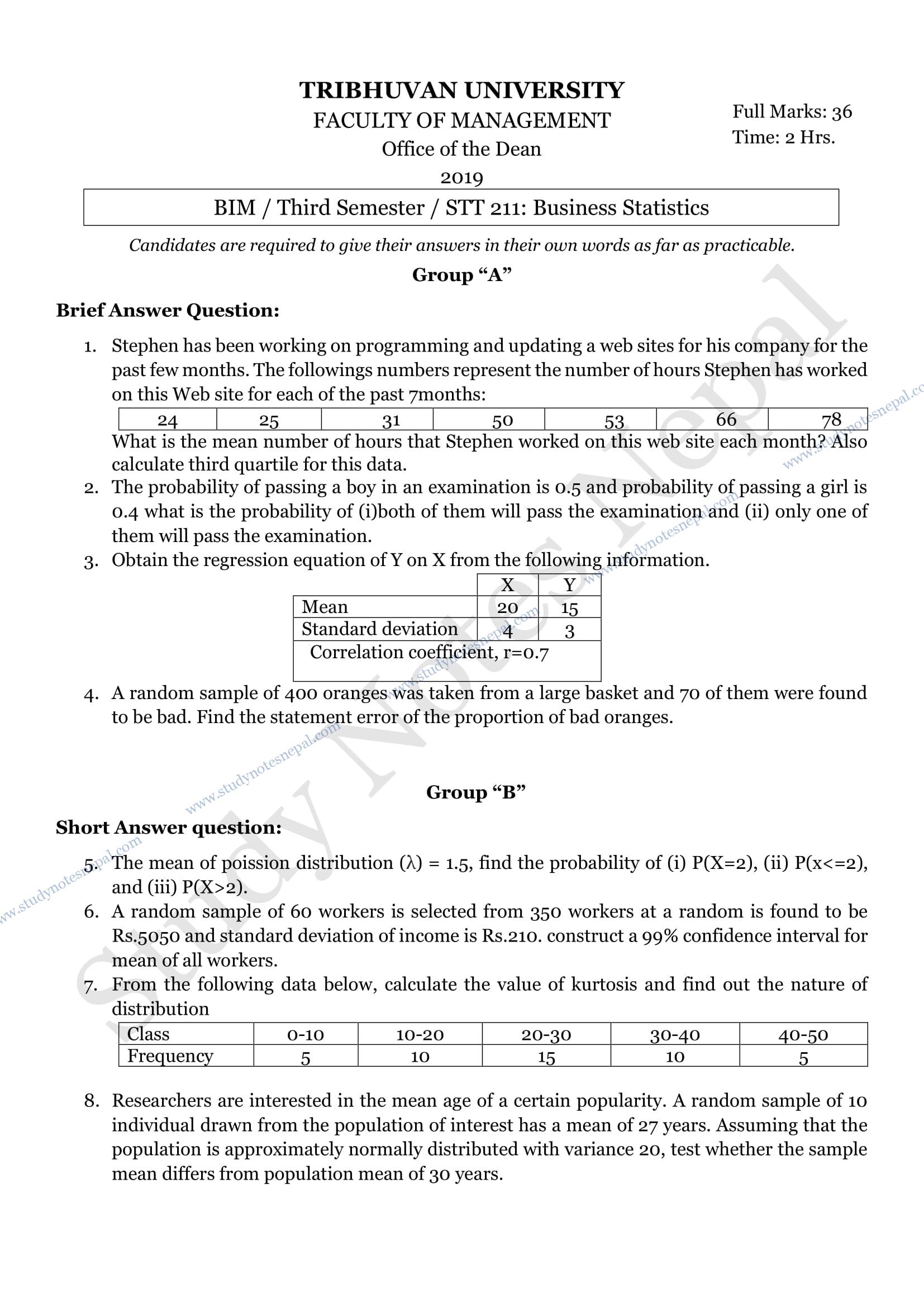 Business Statistics | BIM 3rd Semester | Question Bank » STUDY NOTES NEPAL