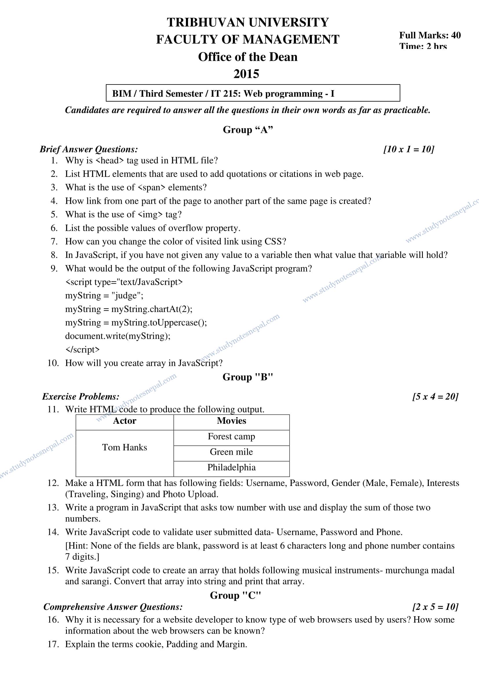 Web Programming I | BIM 3rd Semester | Question Bank – STUDY NOTES NEPAL