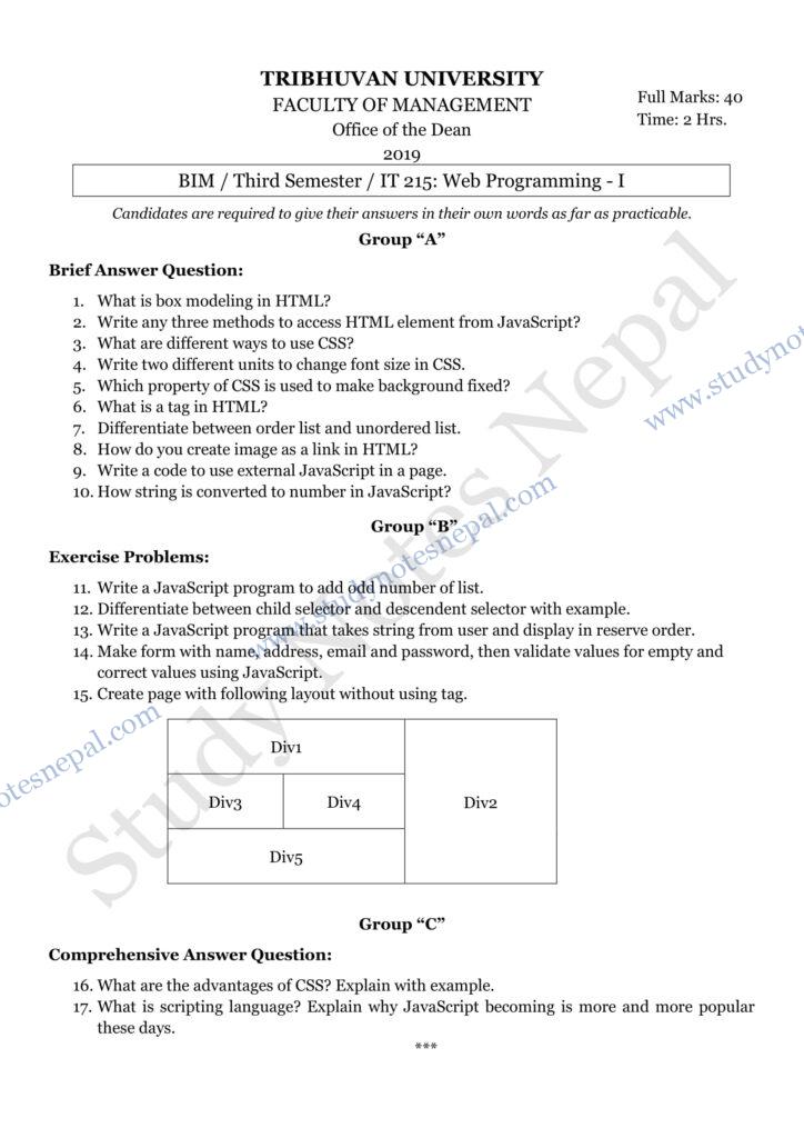 Web Programming I | BIM 3rd Semester | Question Bank – STUDY NOTES NEPAL