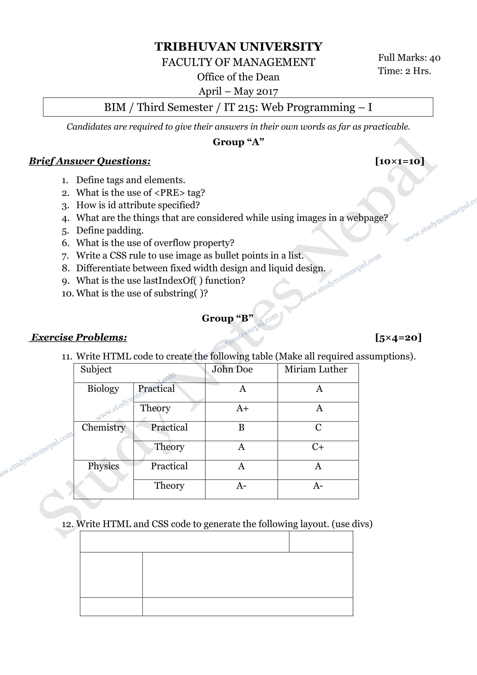 Web Programming I | BIM 3rd Semester | Question Bank – STUDY NOTES NEPAL