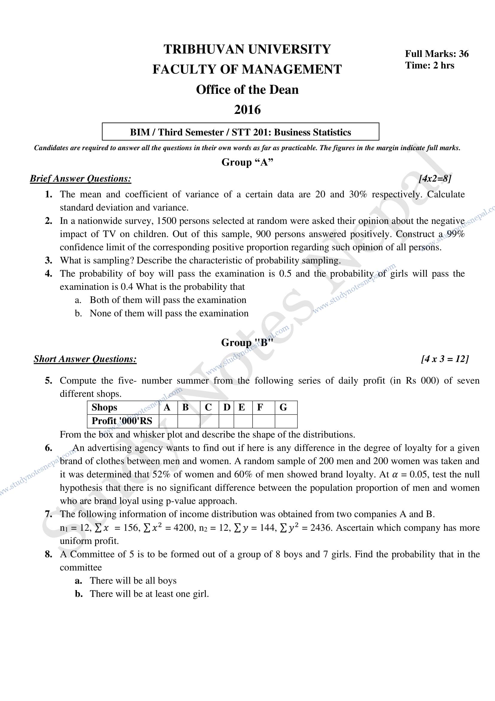 Business Statistics | BIM 3rd Semester | Question Bank » STUDY NOTES NEPAL