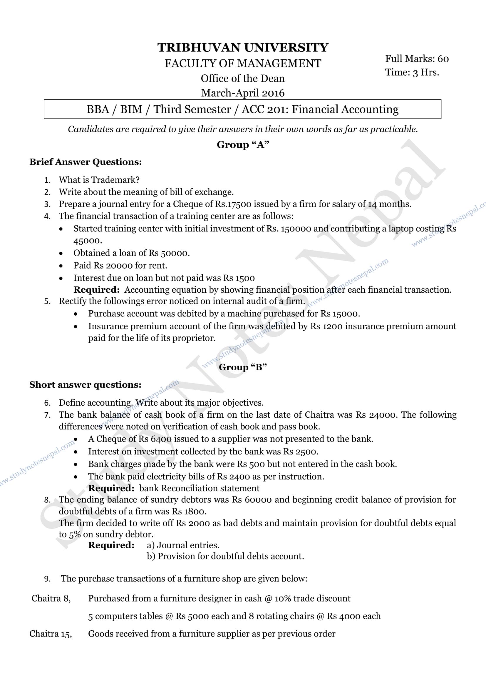 Financial Accounting | BIM 3rd Semester | Question Bank » STUDY NOTES NEPAL