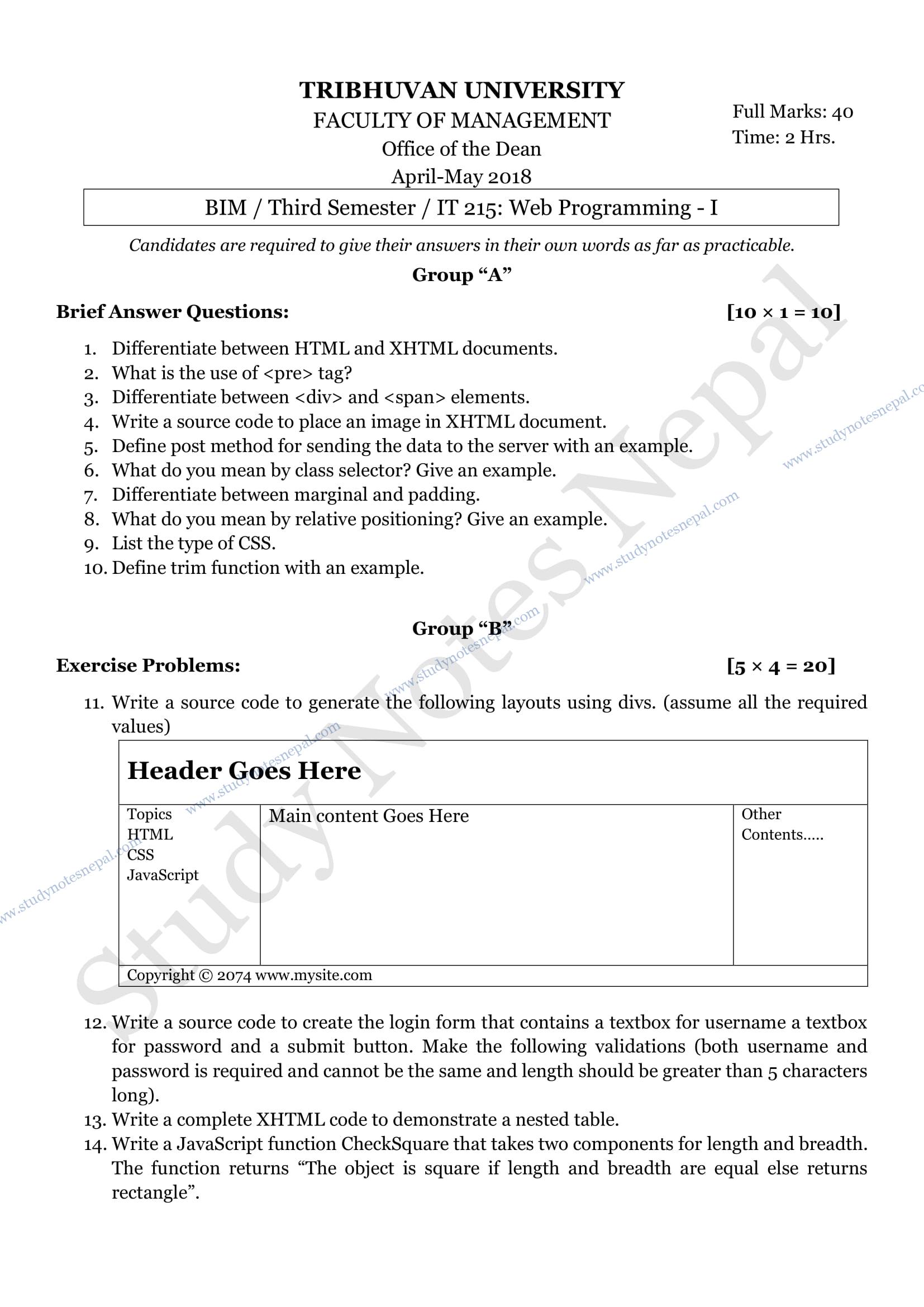Web Programming I | BIM 3rd Semester | Question Bank – STUDY NOTES NEPAL