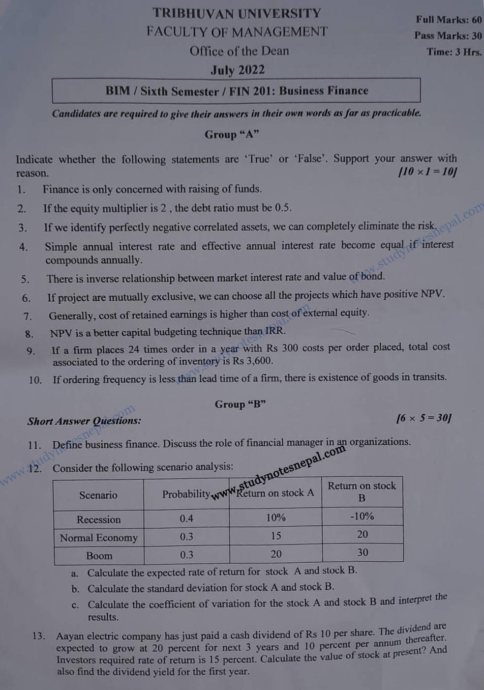 FIN 201: Business Finance | BIM | Question Bank – STUDY NOTES NEPAL