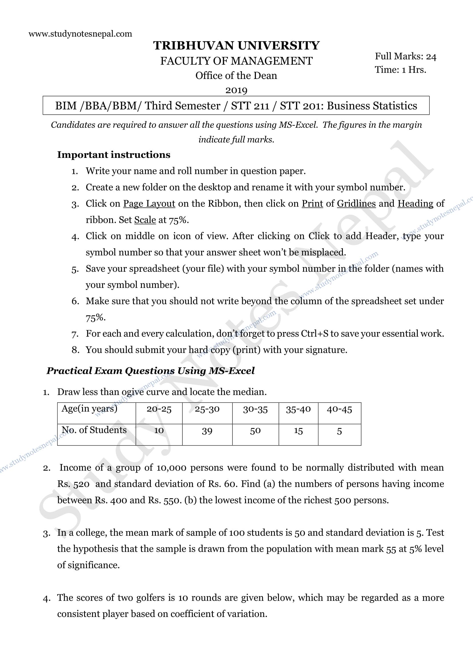Business Statistics | Practical Old Question Paper | BIM, BBA, BBM