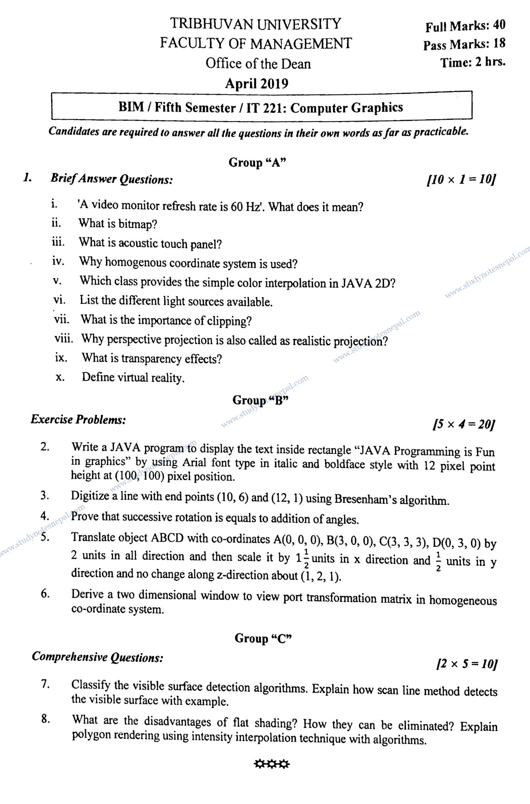 IT 221: Computer Graphics | BIM | Question Bank – STUDY NOTES NEPAL