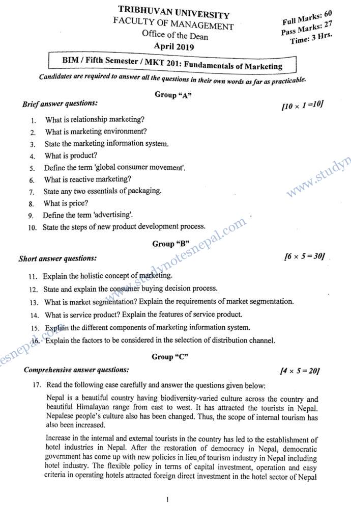 MKT 201: Fundamentals of Marketing | BIM | Question Bank » STUDY NOTES ...