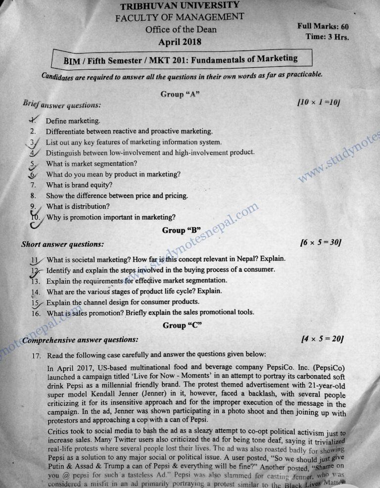 MKT 201: Fundamentals of Marketing | BIM | Question Bank » STUDY NOTES ...