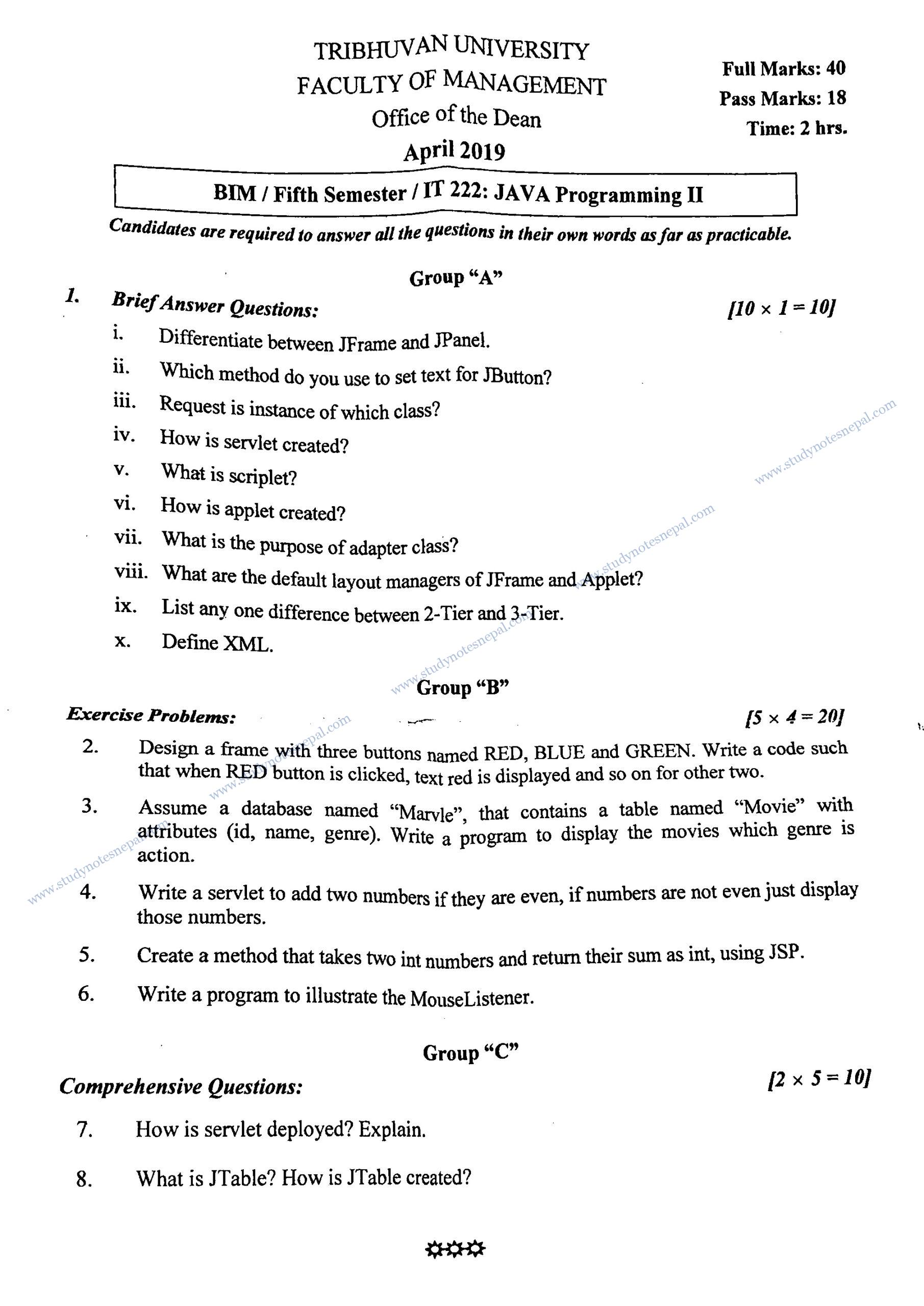 IT 222: Java Programming - II | BIM | Question Bank » STUDY NOTES NEPAL
