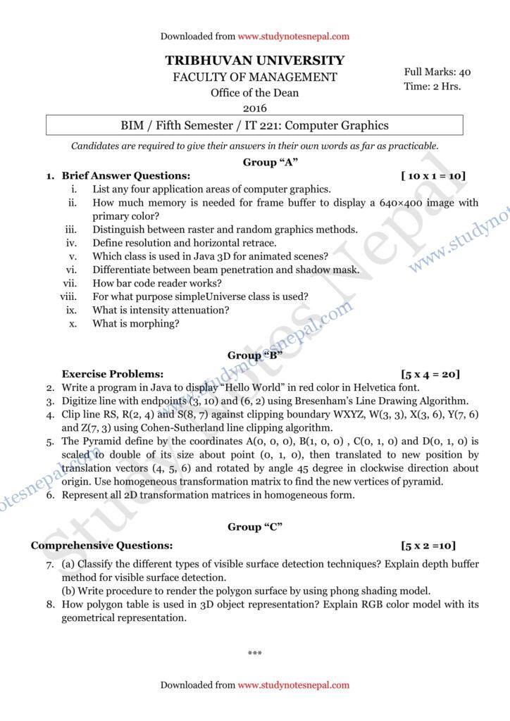 IT 221: Computer Graphics | BIM | Question Bank – STUDY NOTES NEPAL