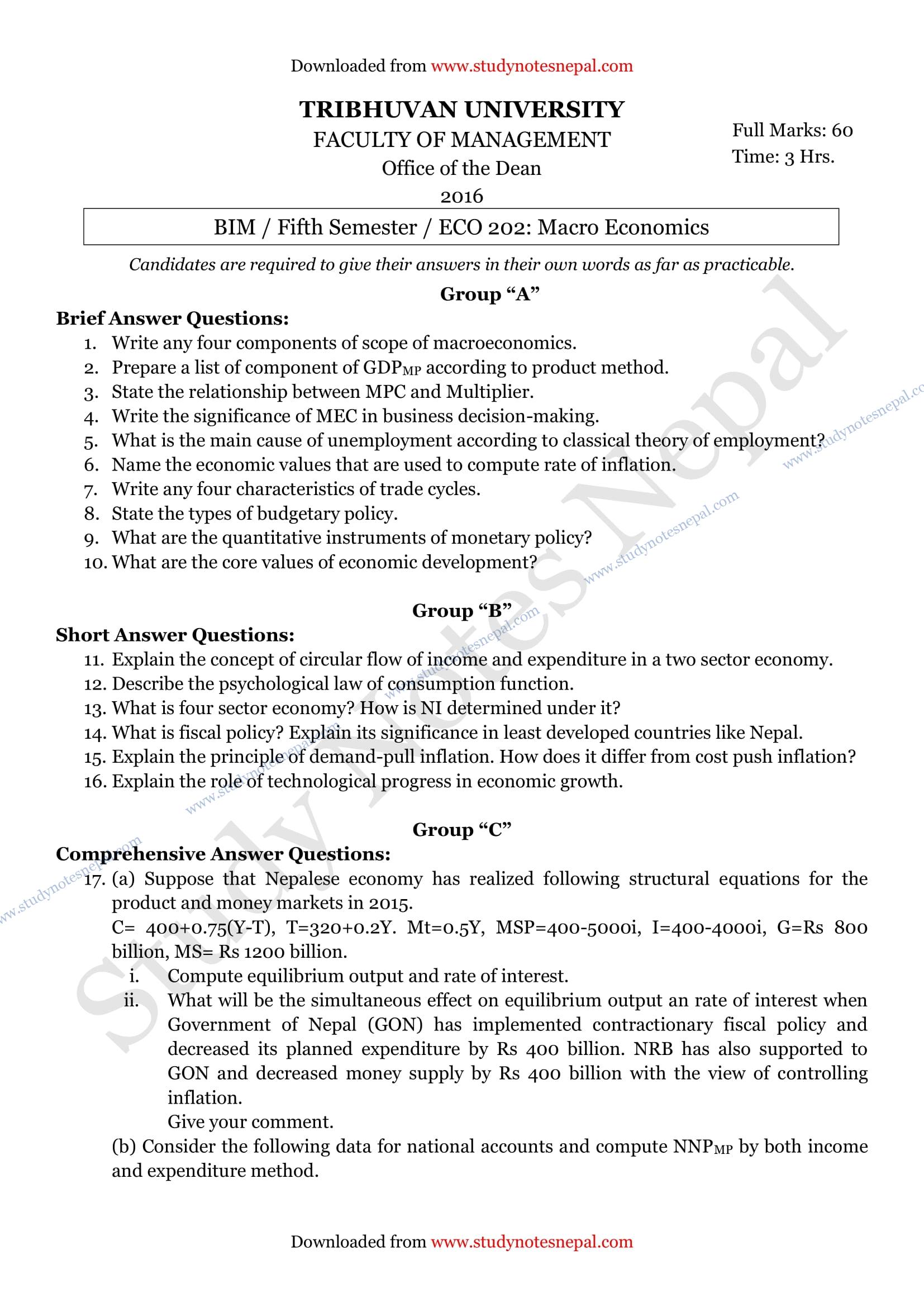 ECO 202: Macro Economics | BIM | Question Bank – STUDY NOTES NEPAL