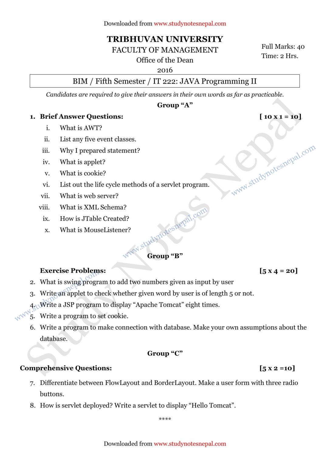 IT 222: Java Programming - II | BIM | Question Bank » STUDY NOTES NEPAL