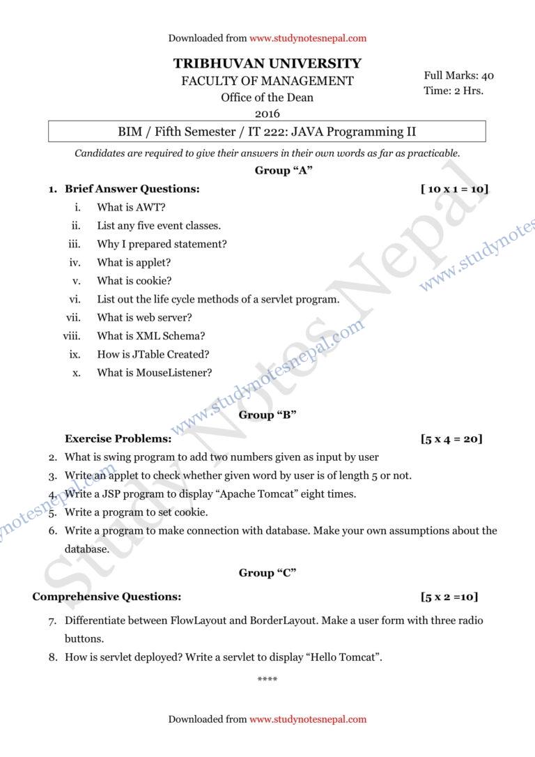 IT 222: Java Programming - II | BIM | Question Bank » STUDY NOTES NEPAL