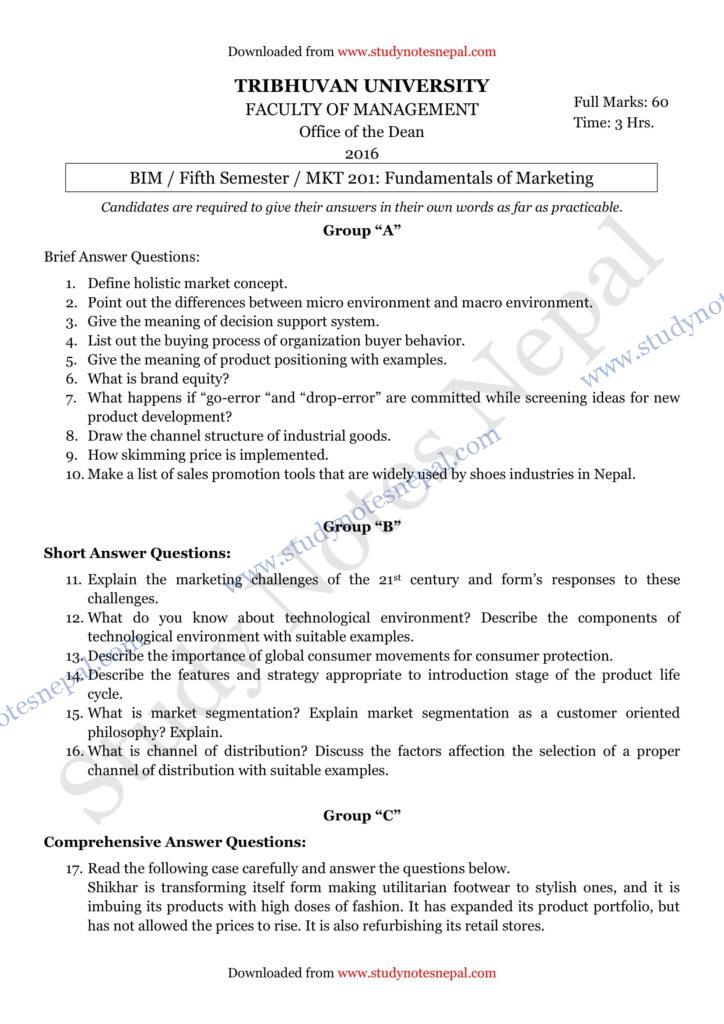 MKT 201: Fundamentals of Marketing | BIM | Question Bank – STUDY NOTES ...