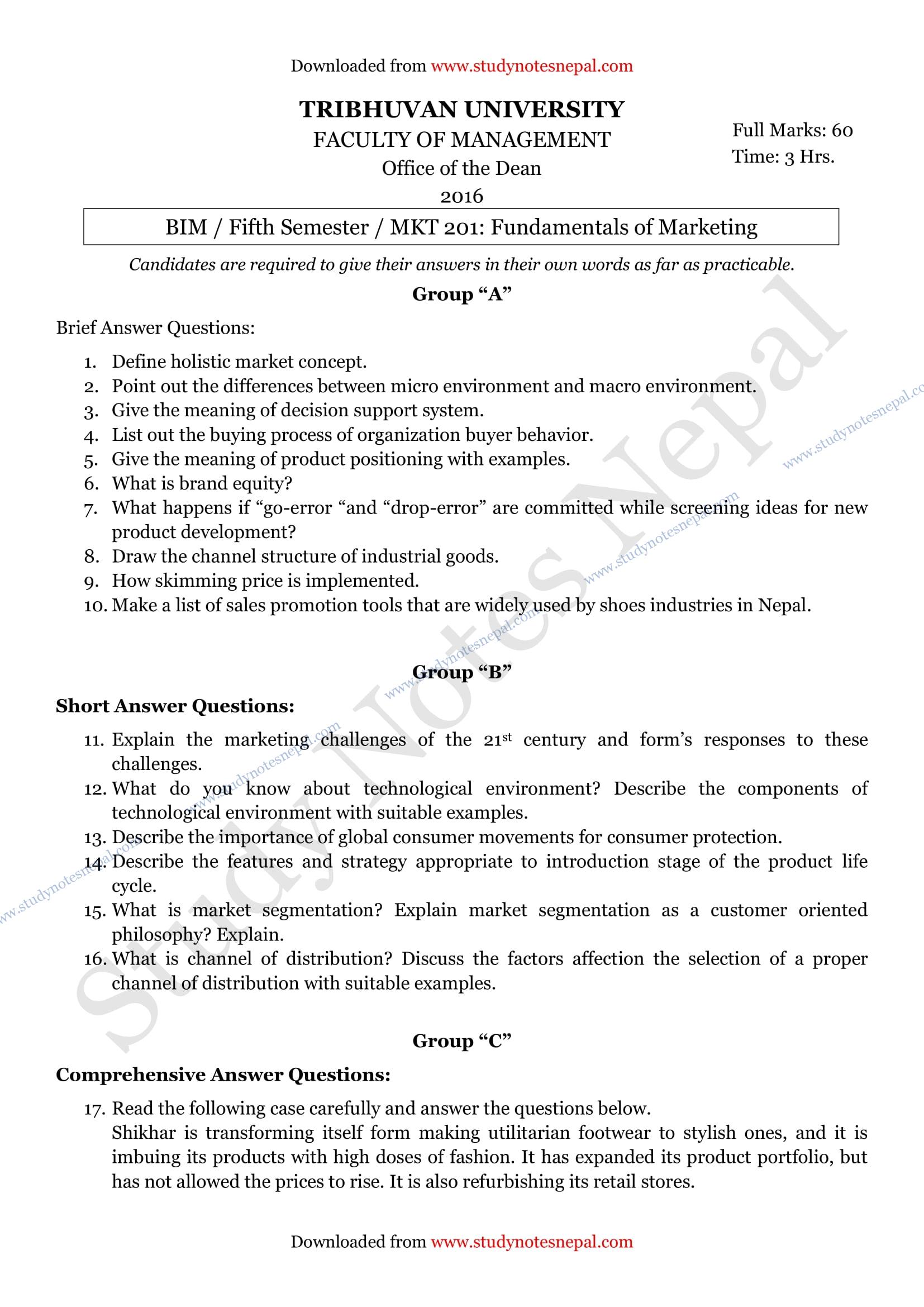 MKT 201: Fundamentals of Marketing | BIM | Question Bank » STUDY NOTES ...