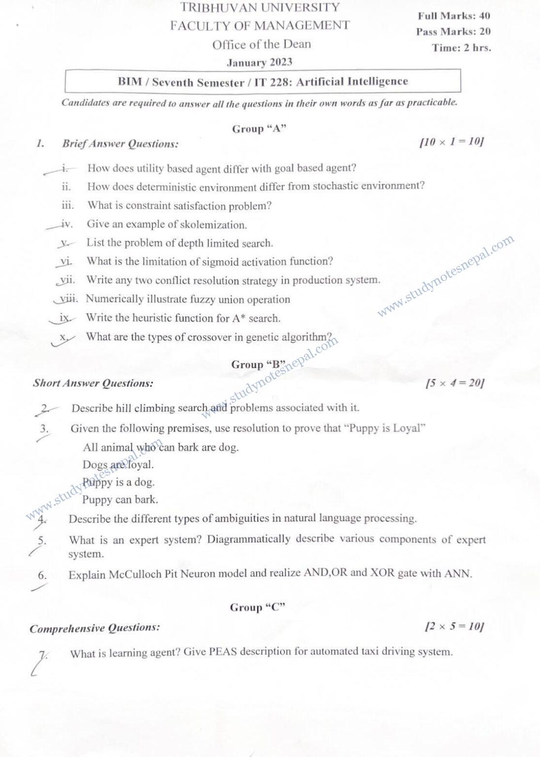 IT 228: Artificial Intelligence | Question Bank | BIM 7th Semester