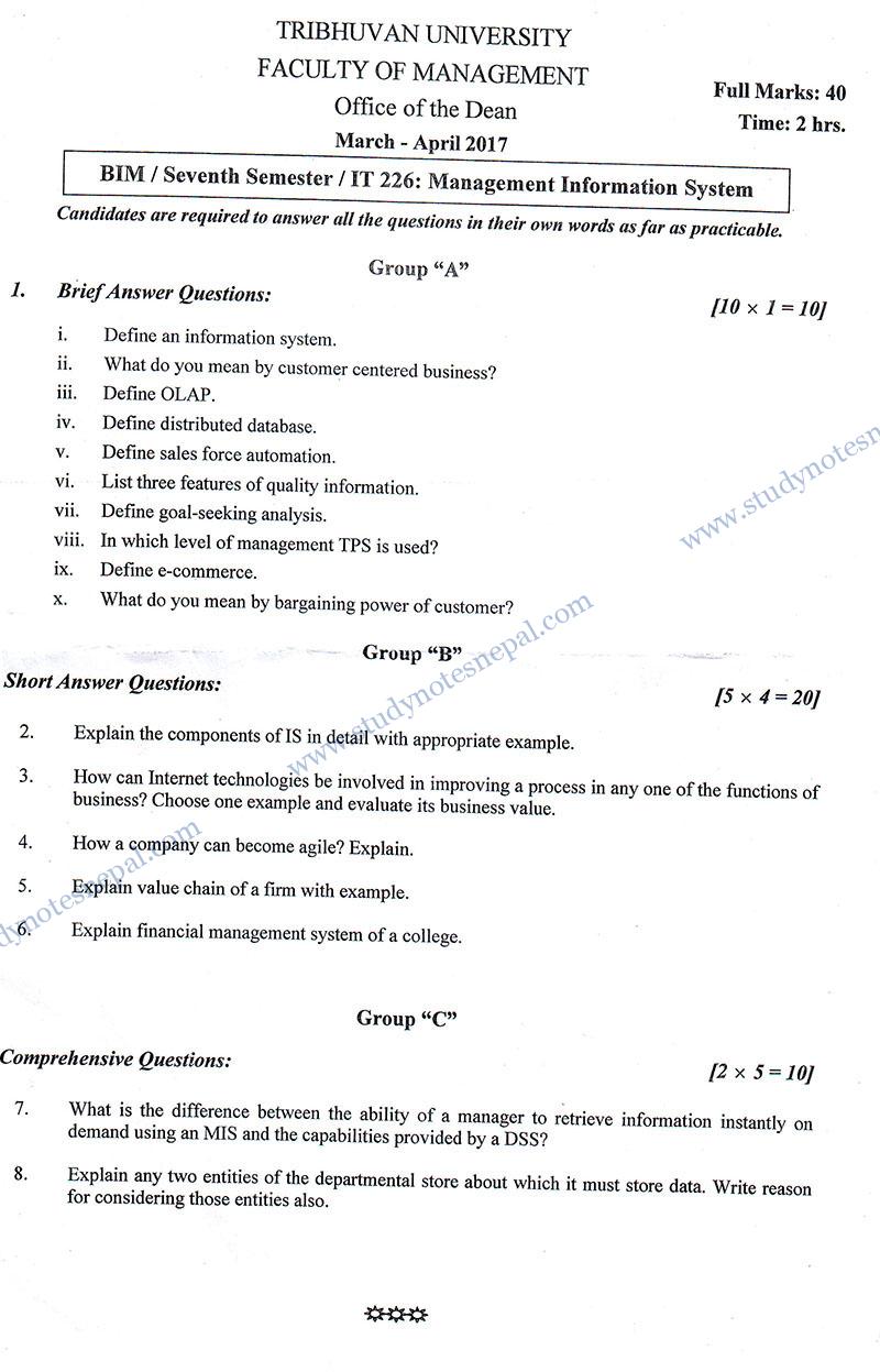 IT 226: Management Information System | Question Bank | BIM 7th Sem