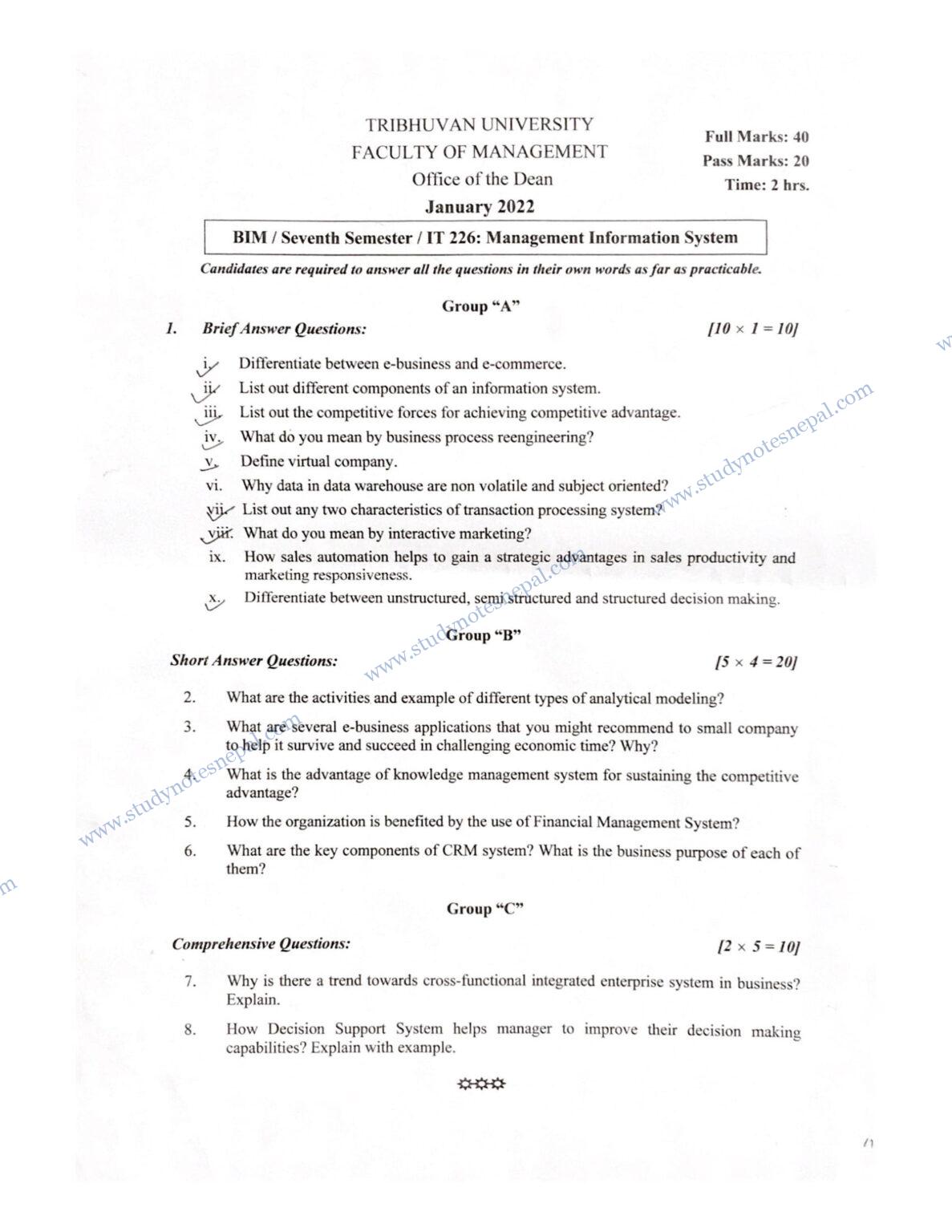 IT 226: Management Information System | Question Bank | BIM 7th Sem