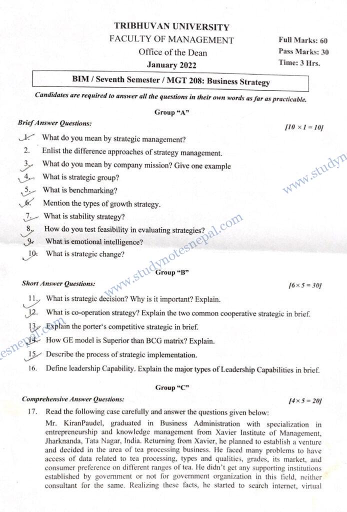 MGT 208: Business Strategy | Question Bank | BIM 7th Semester » STUDY ...