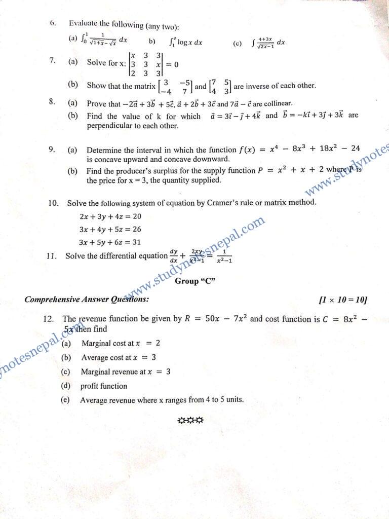 MTH 204: Basic Mathematics | Question Bank | BIM