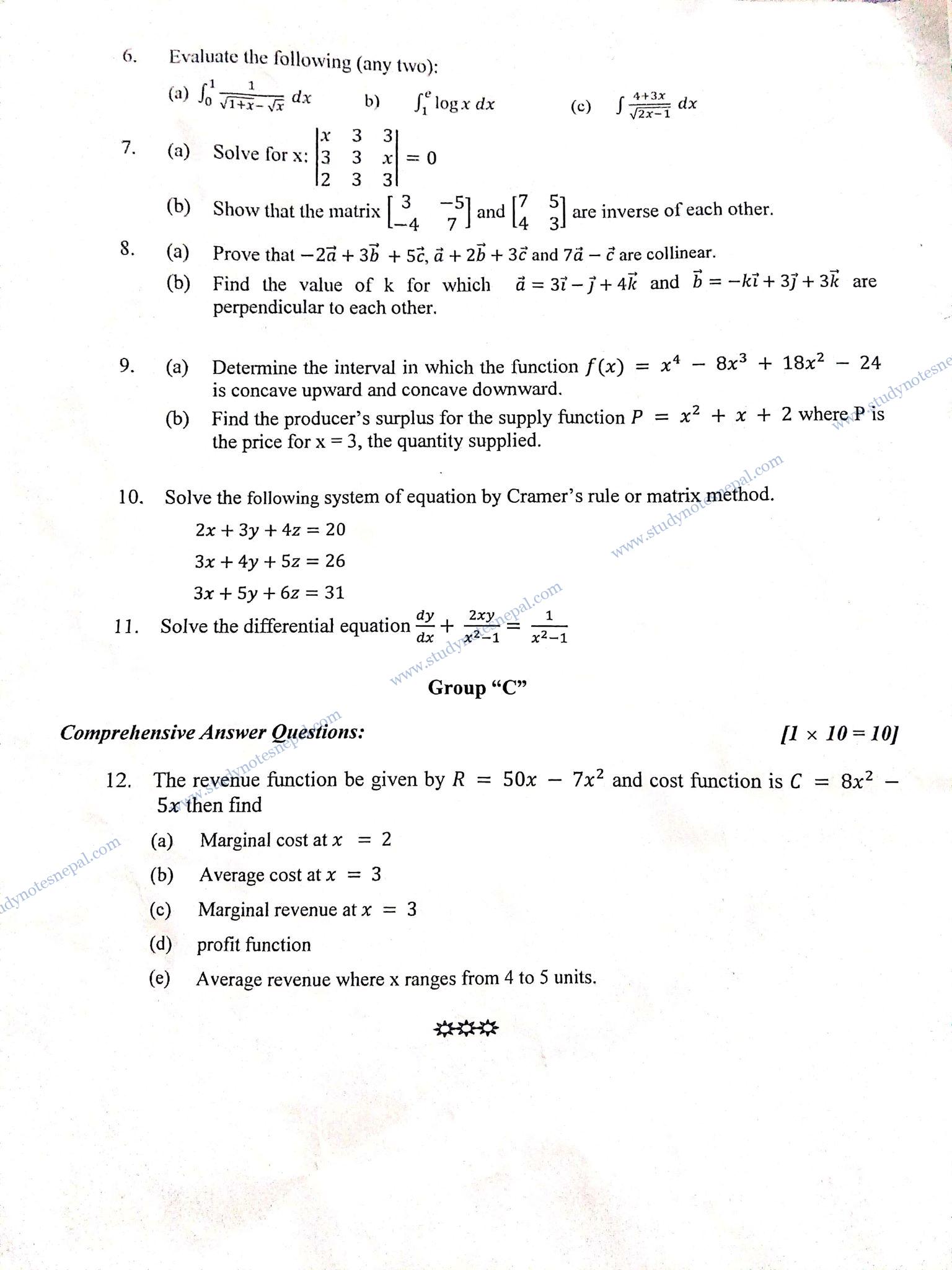 MTH 204: Basic Mathematics | Question Bank | BIM