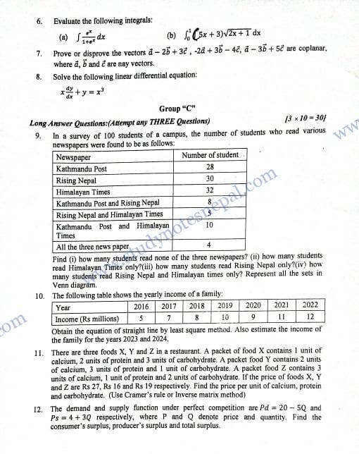 MTH 204: Basic Mathematics | Question Bank | BIM